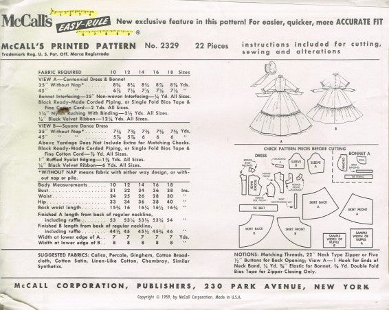 MISSES' CENTENNIAL AND SQUARE DANCE COSTUME WITH SUNBONNET– Sewing ...